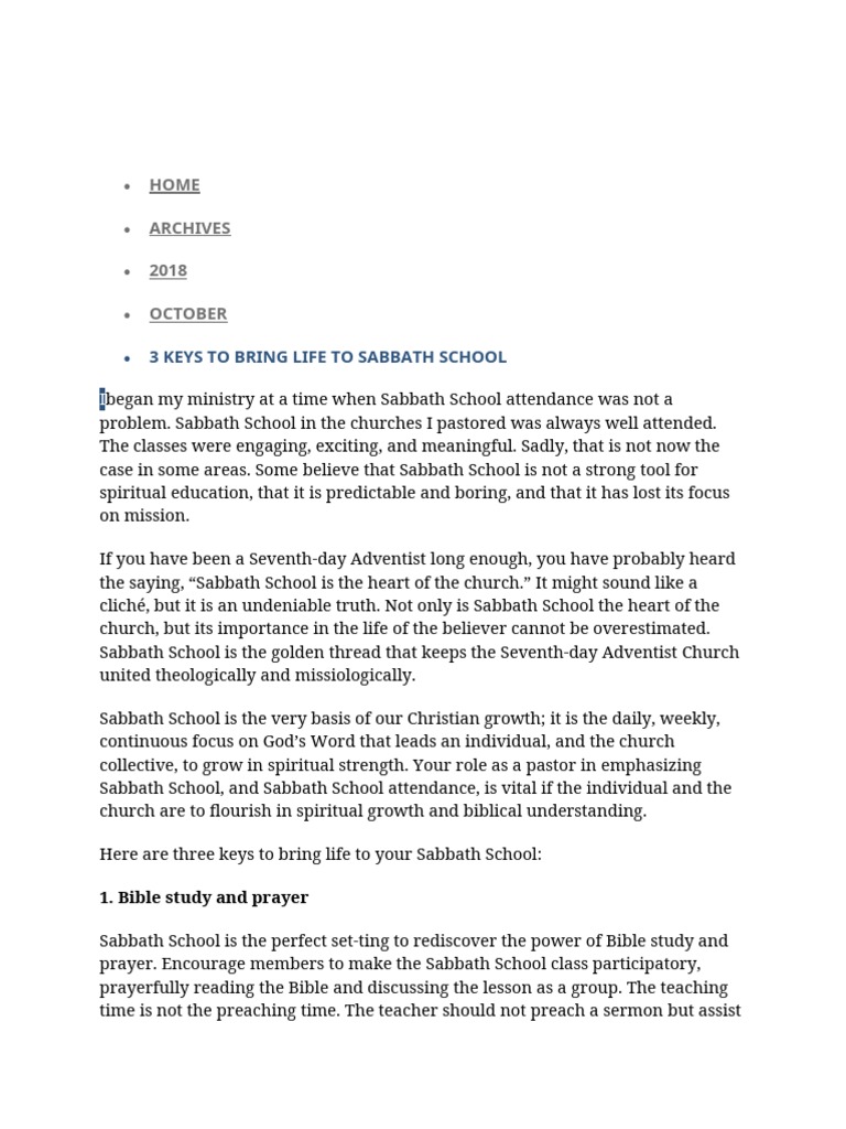 3 Keys To Bring Life To Sabbath School | PDF | Sabbath In Christianity ...