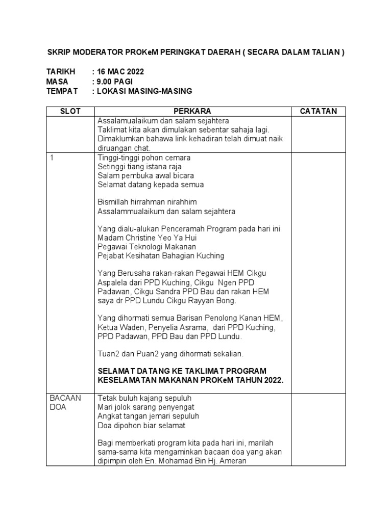 SKRIP MODERATOR PROKeM PERINGKAT DAERAH | PDF