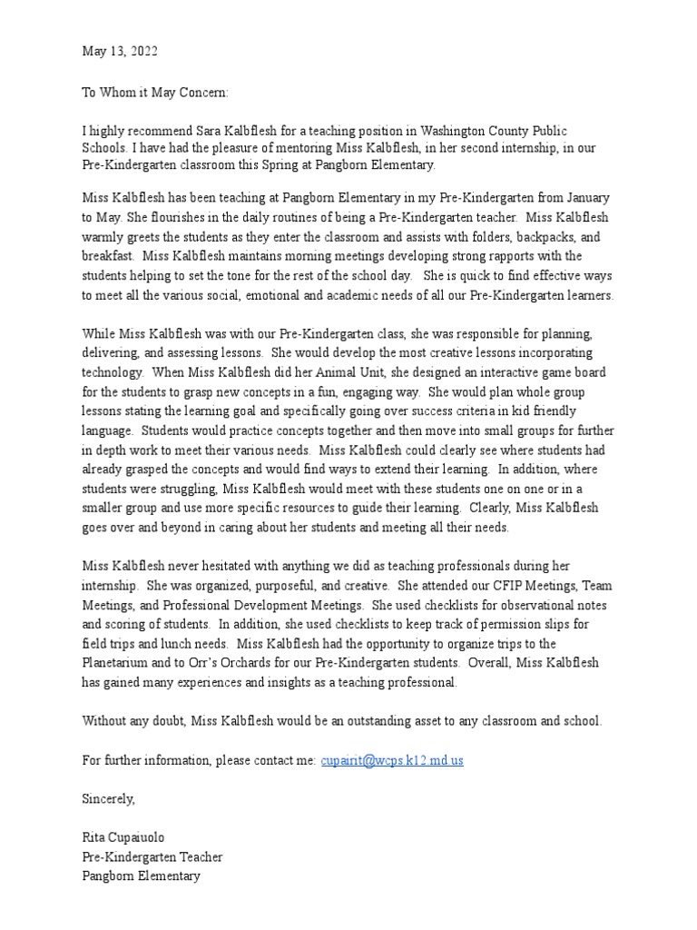 Cupaiuolos Sara Kalbflesh Letter of Recommendation | PDF | Classroom ...
