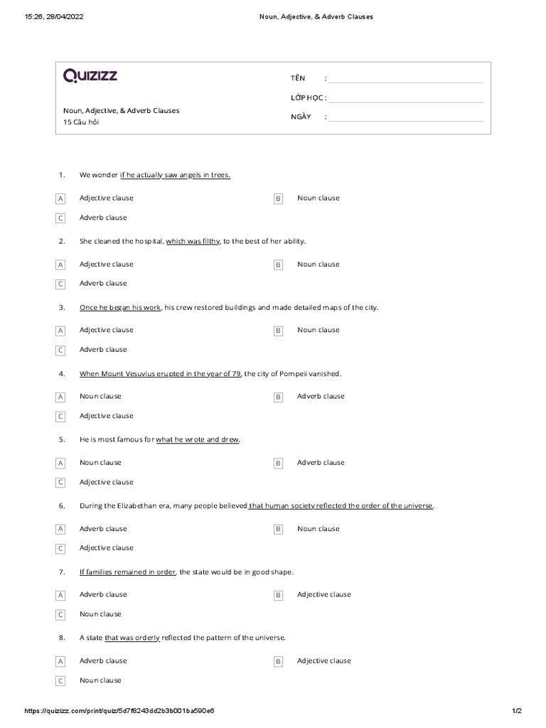 Noun, Adjective, & Adverb Clauses Quiz - Identifying Clause Types in ...