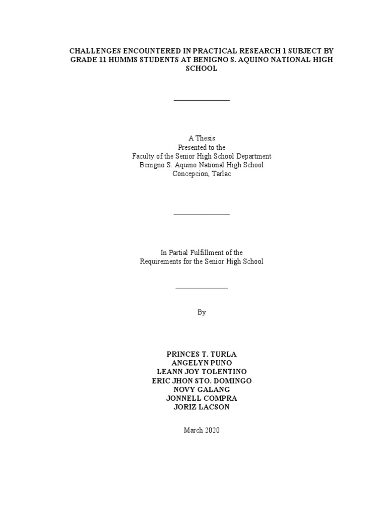 A Thesis Presented To The Faculty of The Senior High School Department ...