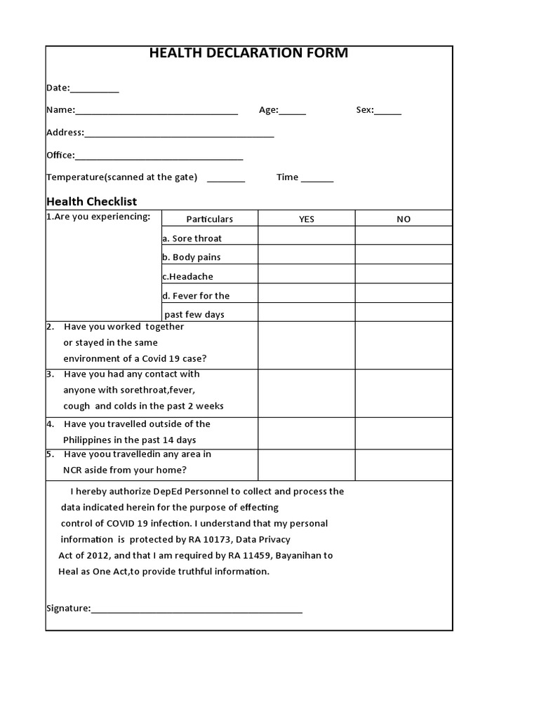 Health Declaration Form 1 | PDF