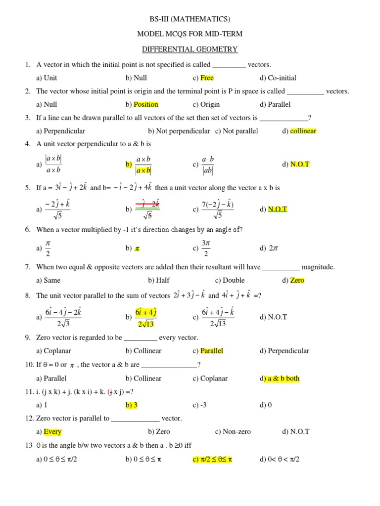 Bs-III Diff Geo Mcqs With Ans | PDF | Curvature | Euclidean Vector