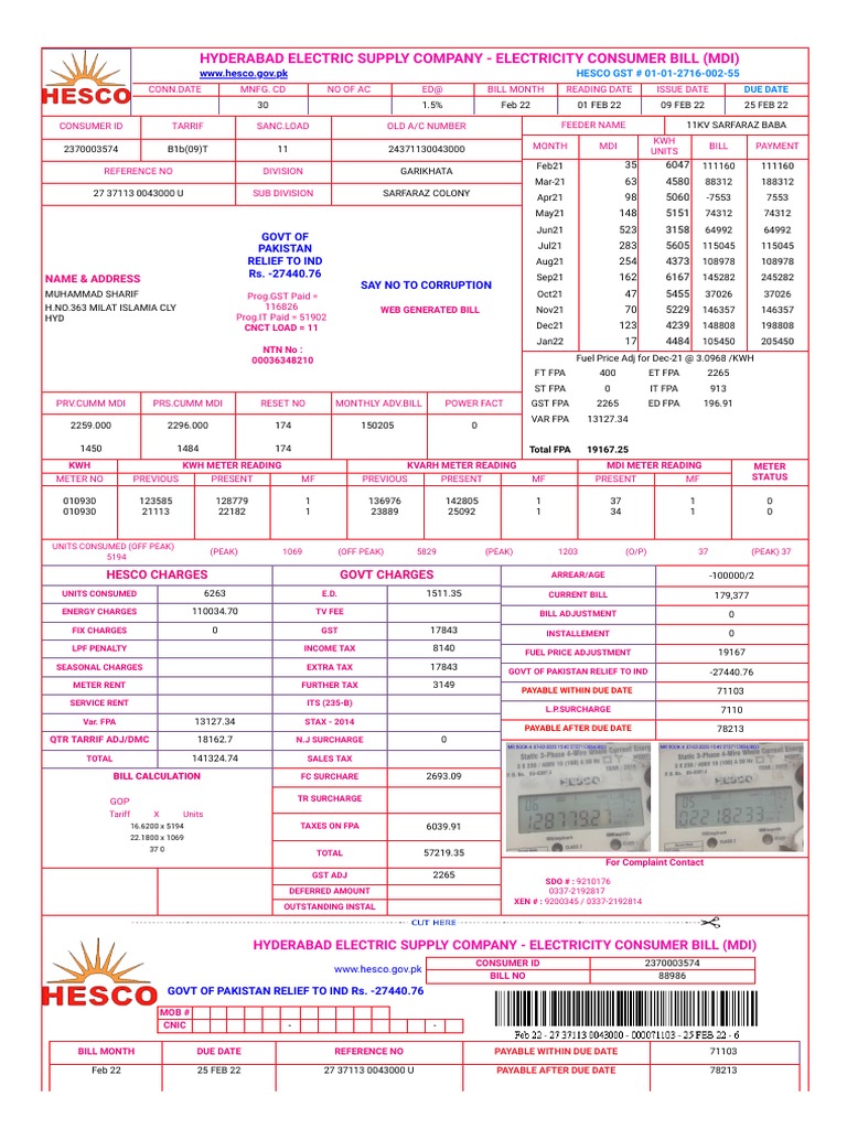 Hyderabad Electric Supply Company - Electricity Consumer Bill (Mdi ...