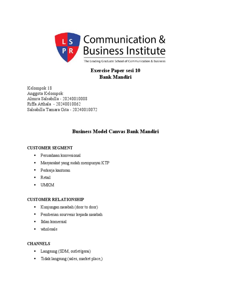 Business Model Paper (Bank Mandiri) | PDF
