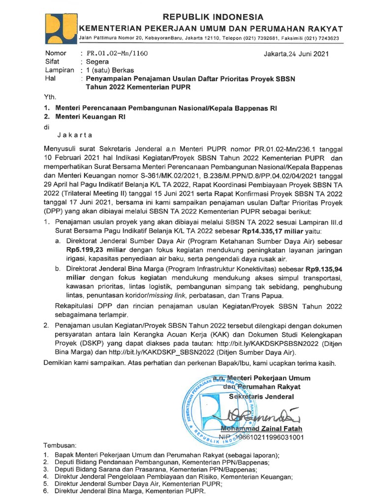 06-24-2021 Surat Sekjen A.N Menteri PUPR - Penyampaian Penajaman Usulan DPP SBSN Tahun 2022 | PDF