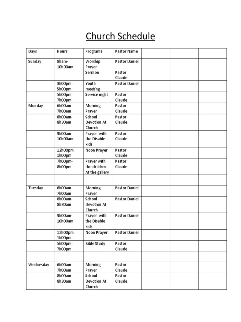 Church Schedule | PDF | Pastor