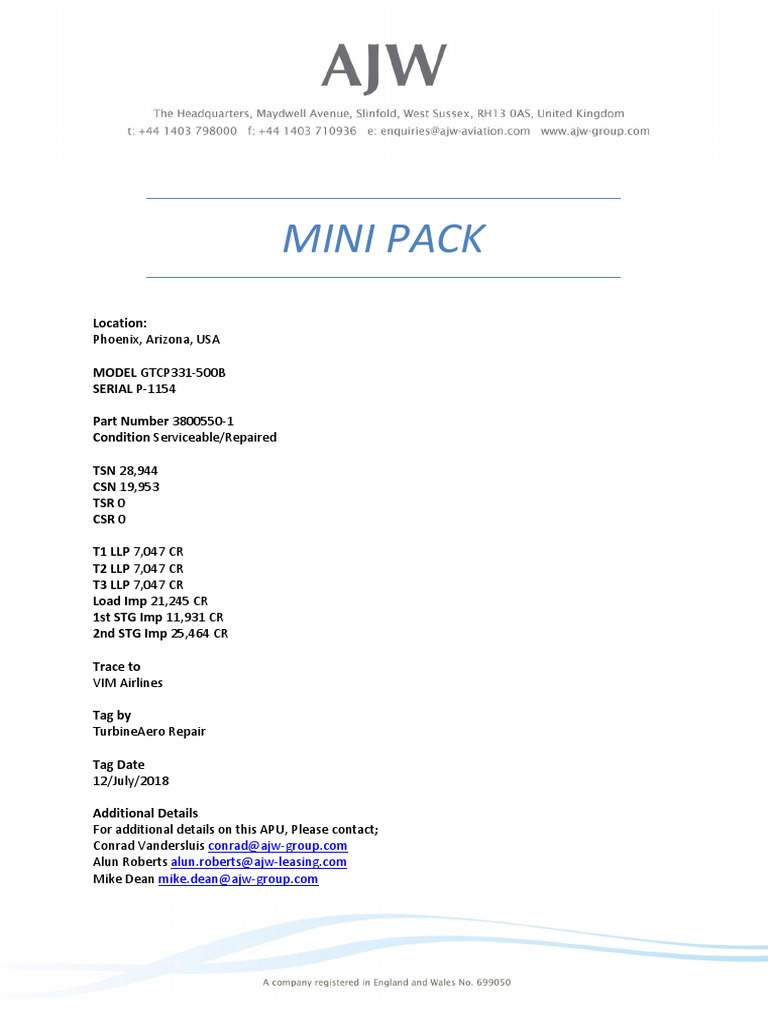 Ajw gtcp331-500b Minipack SN p-1154 | PDF | Transport | Aviation