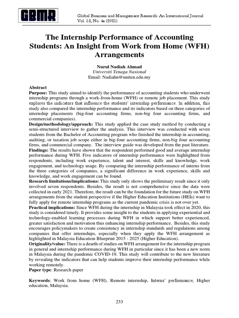 The Internship Performance of Accounting Students An Insight From WFH ...