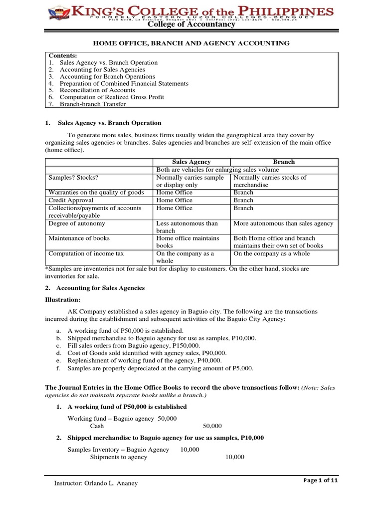 Lesson 15 Home Office, Branch and Agency Accounting | PDF | Debits And ...