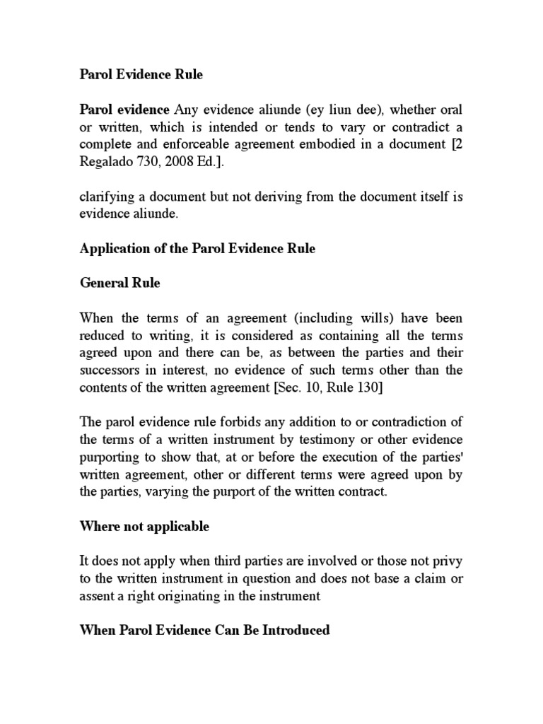 Parole Evidence | PDF | Parol Evidence Rule | Civil Law (Legal System)