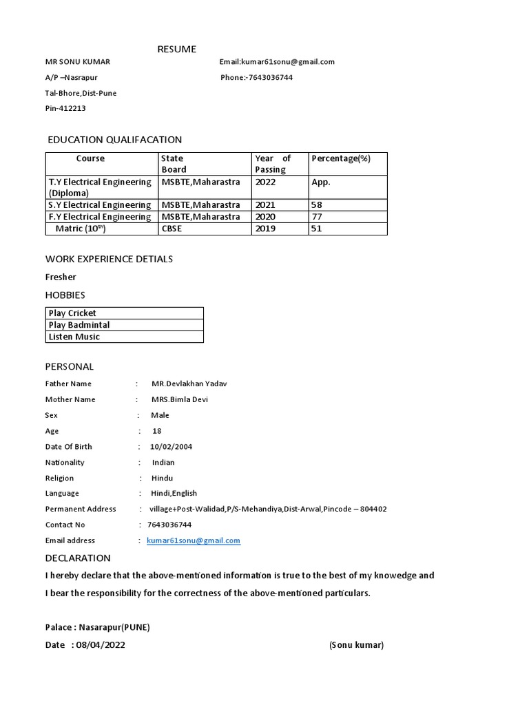 Resume MR Sonu Kumar | PDF