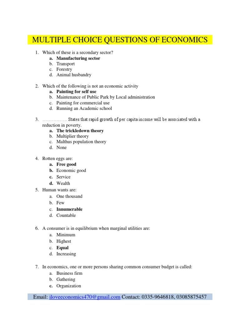 Multiple Choice Questions of Economics: A. Manufacturing Sector | PDF ...
