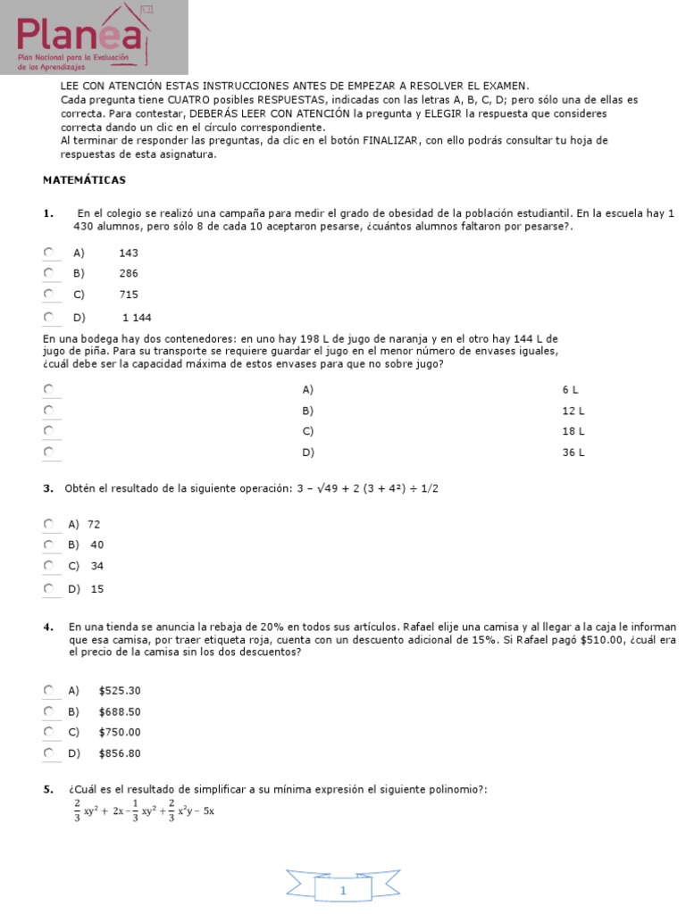 Examen Planea 2022 Matematicas-1 | PDF | Triángulo | Matemáticas