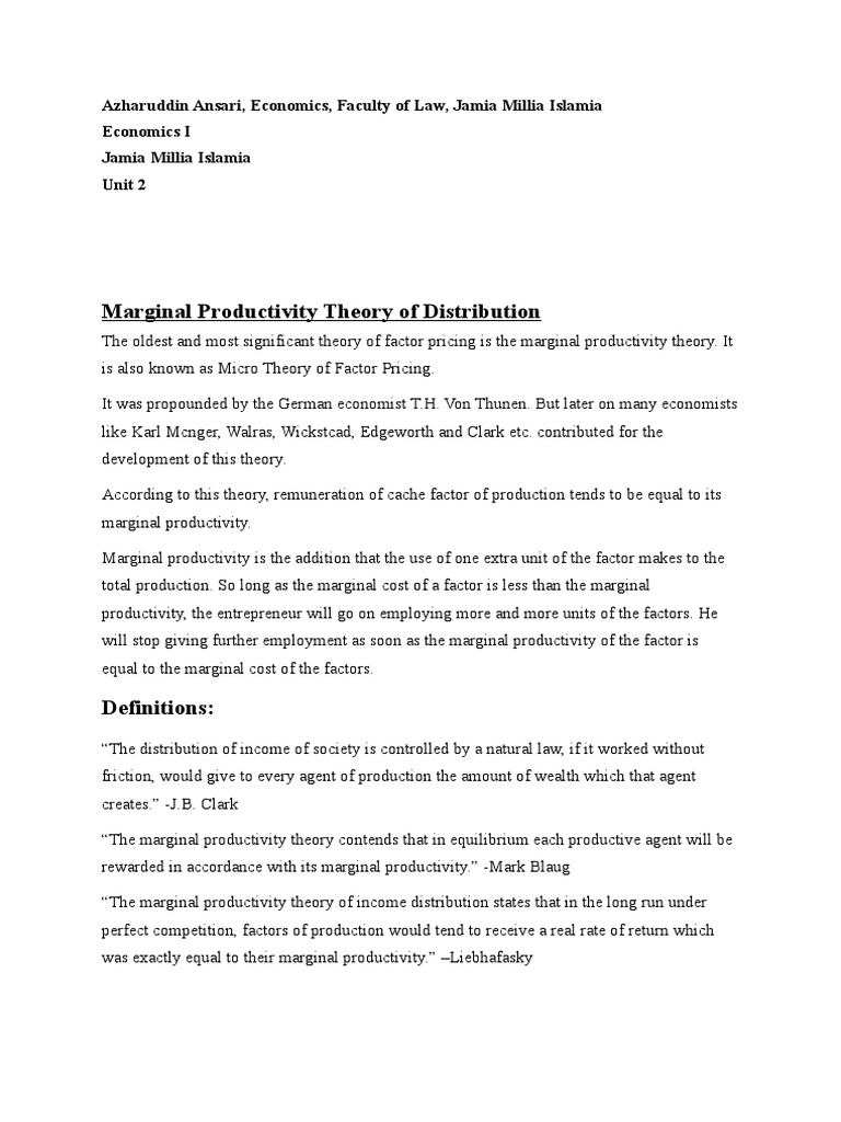 Marginal Productivity Theory Overview | PDF | Demand | Labour Economics