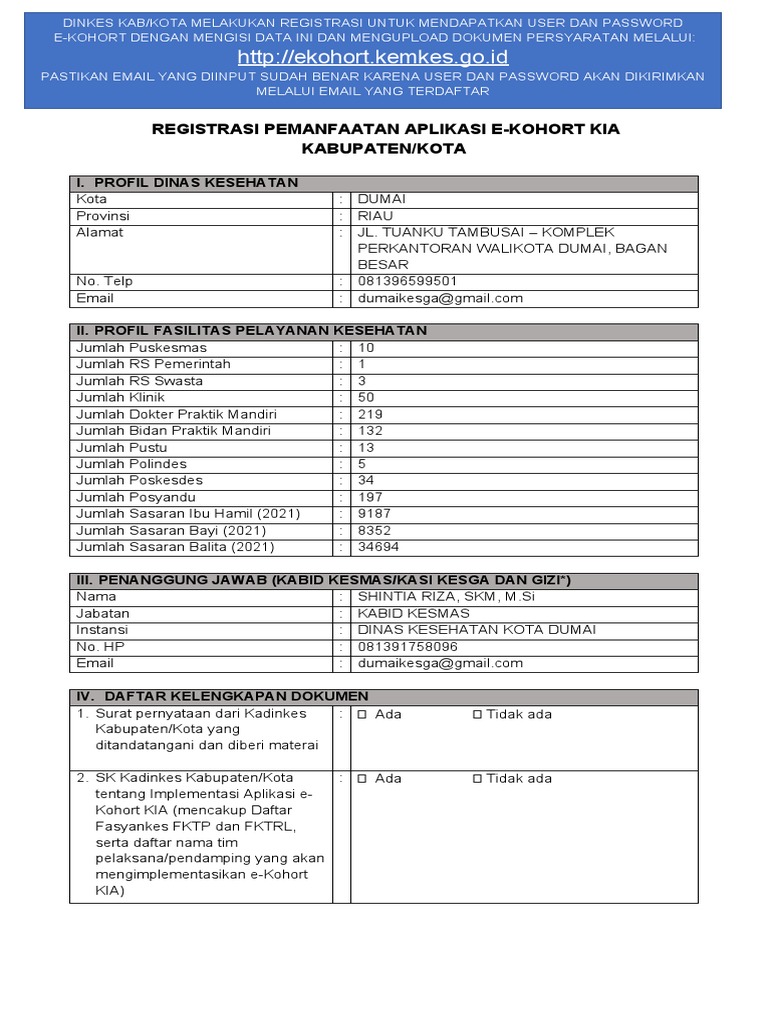 Form Isian Registrasi E-Kohort KIA | PDF
