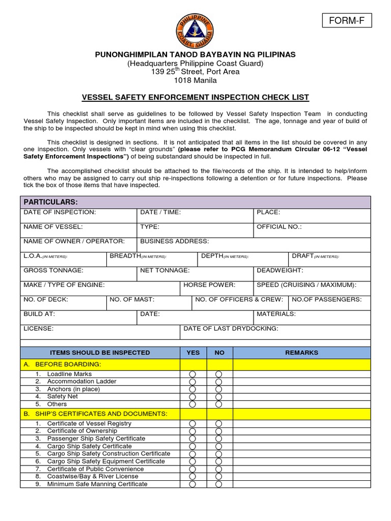 15.vessel Safety Enforcement Inspections Checklist | PDF | Ships ...