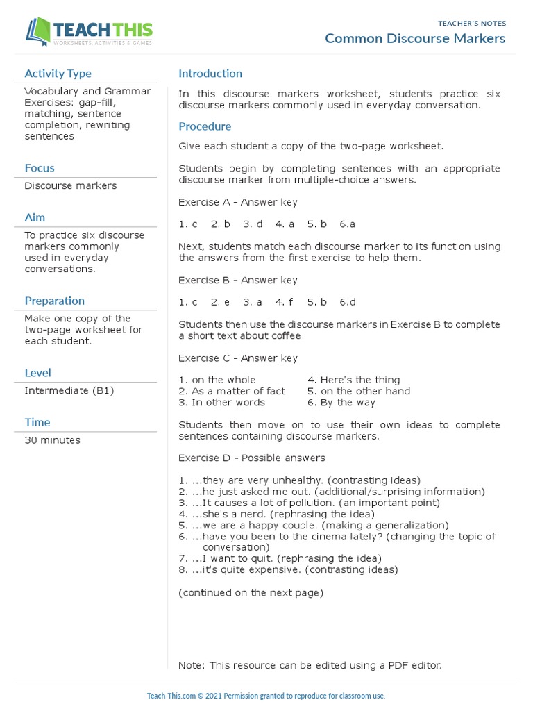Common Discourse Markers | PDF | Discourse | Linguistics