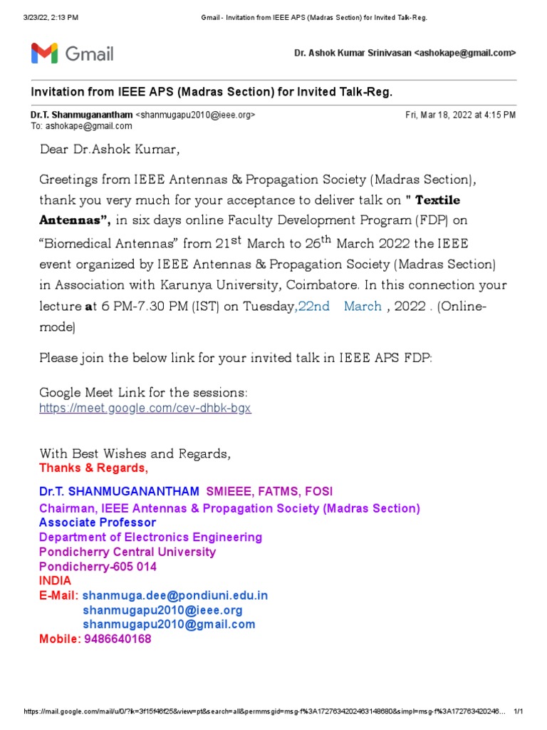 Gmail - Invitation From IEEE APS (Madras Section) For Invited Talk-Reg ...