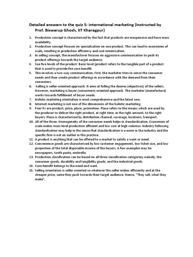 Quiz 5 Detailed Solution International Marketing | PDF | Marketing ...