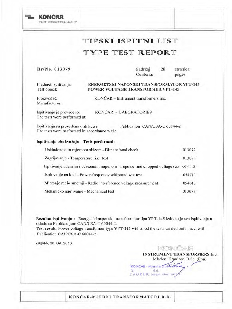 Type Test Report VPT-145 75 KVA | PDF