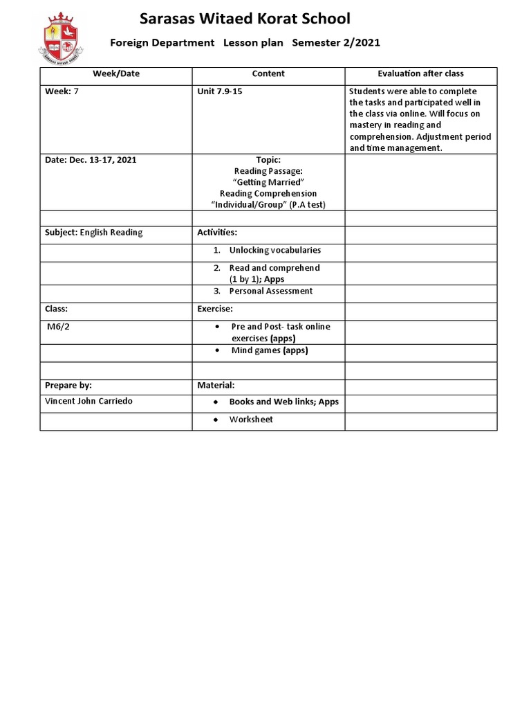 Foreign Department Lesson Plan Semester 2/2021: Week/Date Content ...