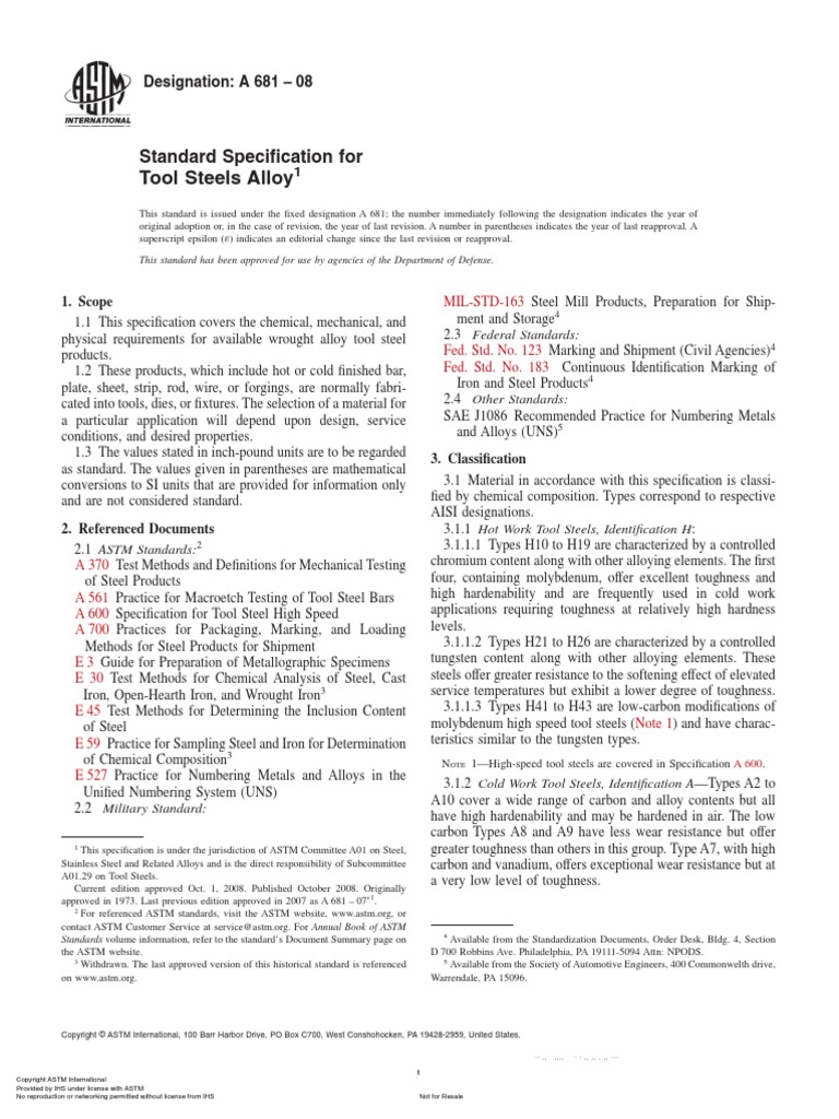 Astm A 681 | PDF | Steel | Heat Treating