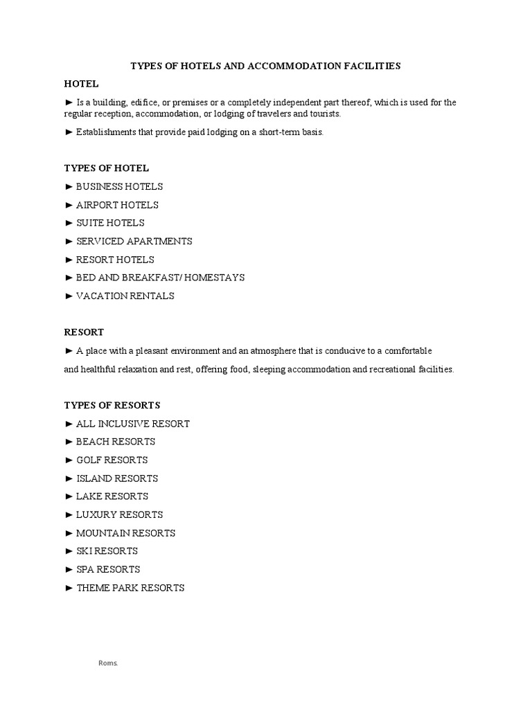 Types of Hotels and Accommodation Facilities Hotel: Roms | PDF | Resort ...