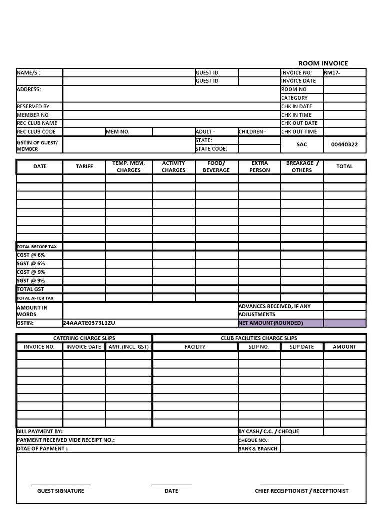 Room Bill Format | PDF | Invoice | Taxation