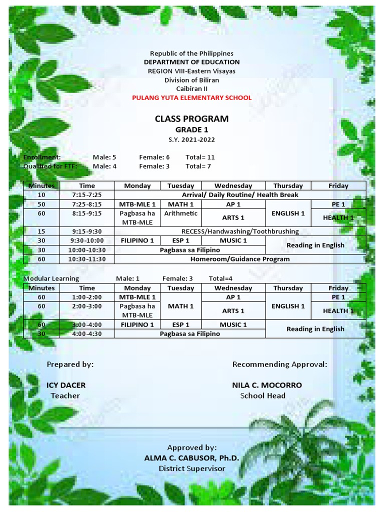 Grade 1 and 2 Class & Teacher's Program (For Checking) | PDF | Public ...