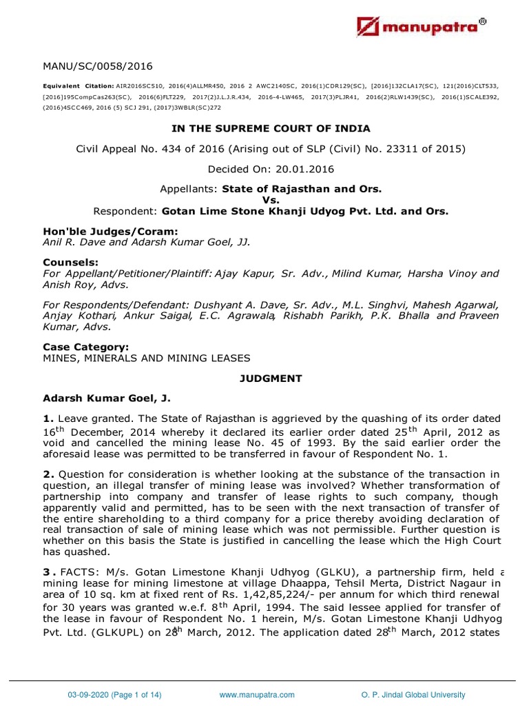 State of Rajasthan V Gotan Lime Stone (2016) | PDF | Lease | Piercing ...