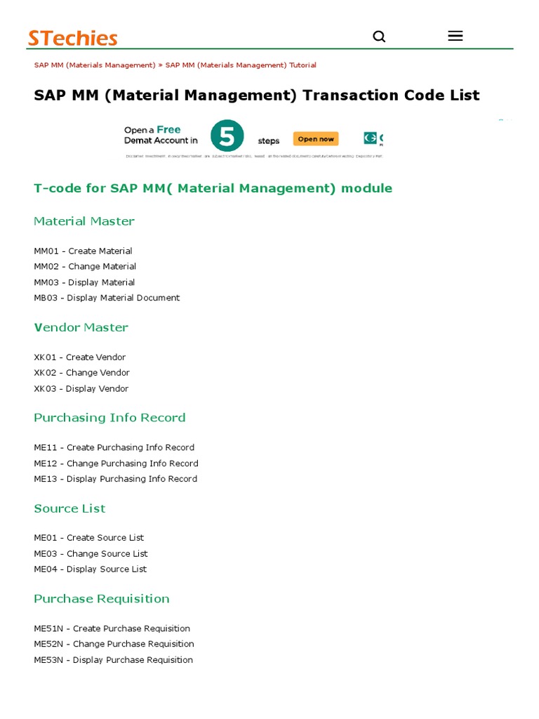 SAP MM Transaction Codes Overview | PDF | Economies | Service Industries