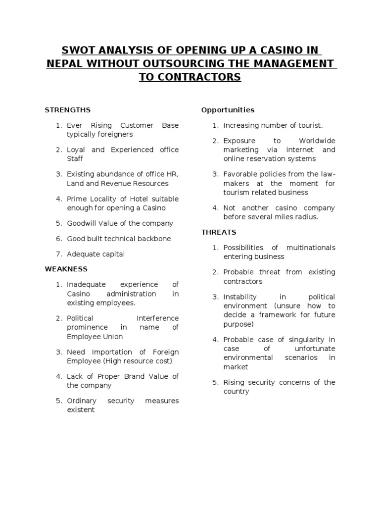 SWOT Analysis for Casino in Nepal | PDF | Swot Analysis | Outsourcing
