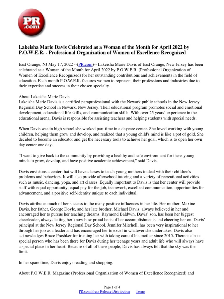 Lakeisha Marie Davis Celebrated As A Woman of The Month For April 2022 ...