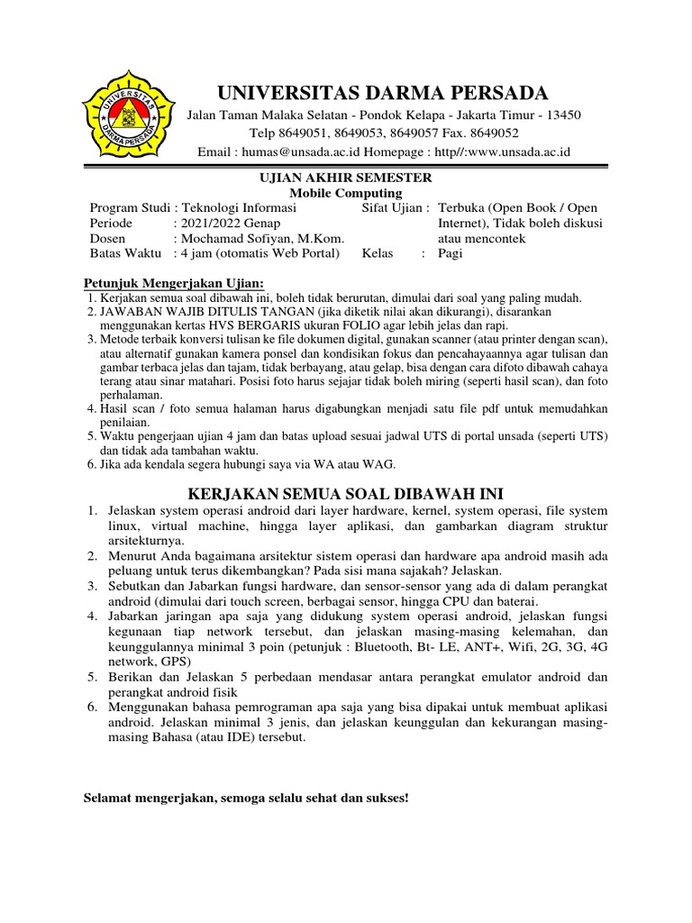 UTS Mobile Comp - Pagi - Universitas Darma Persada | PDF | Komputer
