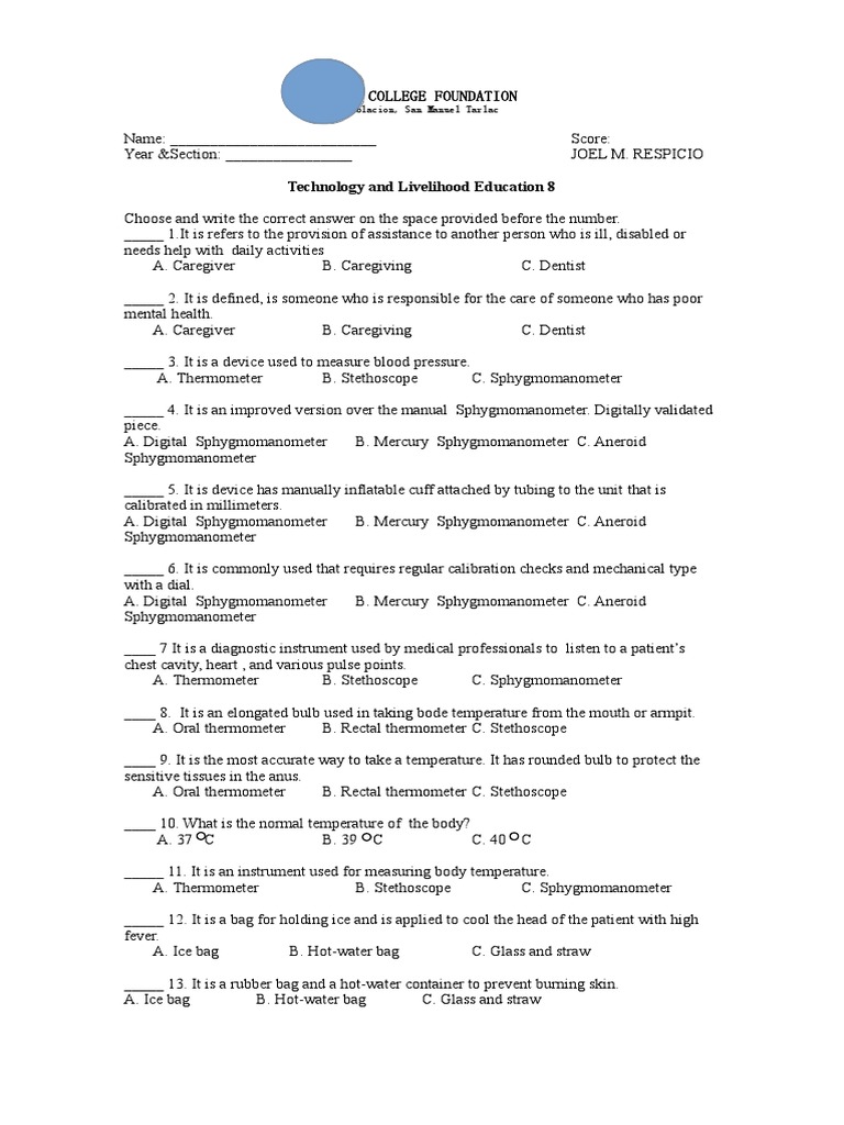 TLE Assessment for Health Equipment | PDF | Health Care | Medicine