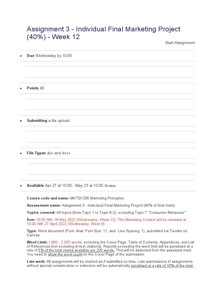 Assignment 3 - Individual Final Marketing Project (40%) - Week 12 | PDF ...