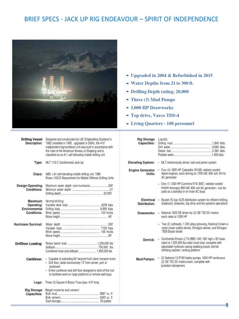Endeavour JackUp Rig Specs | PDF | Oil Well | Mechanical Engineering