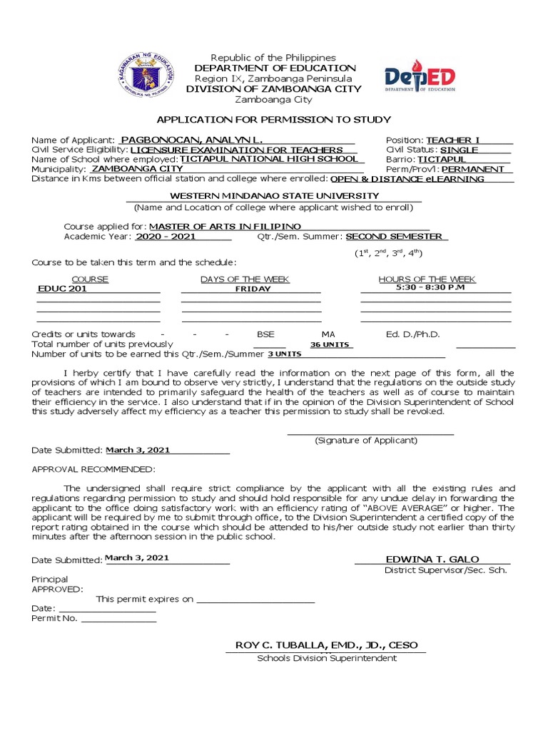 Department of Education Division of Zamboanga City Application For ...
