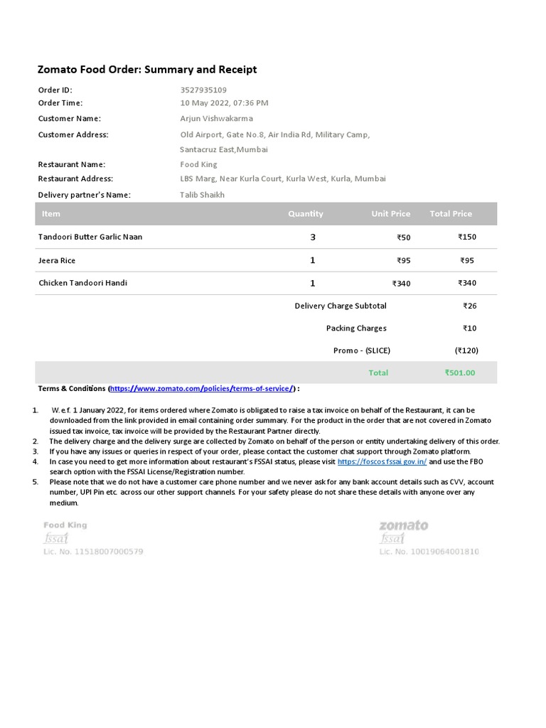 Zomato Food Order: Summary and Receipt: Item Quantity Unit Price Total ...