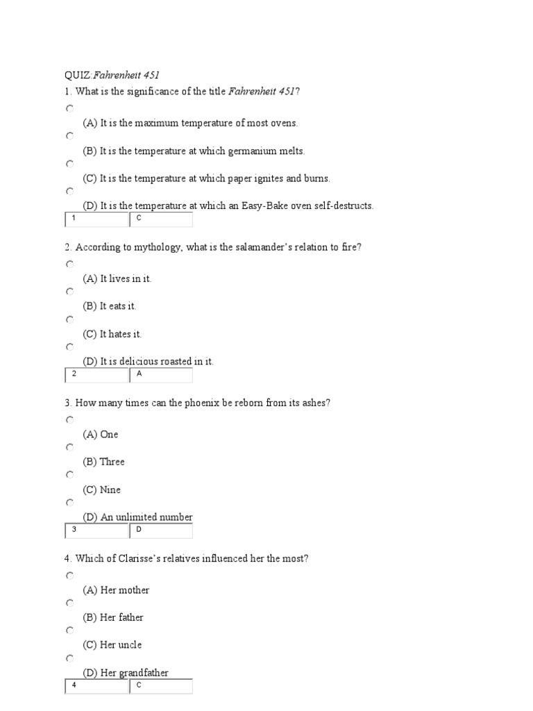 Fahrenheit 451 Quiz and Analysis | PDF
