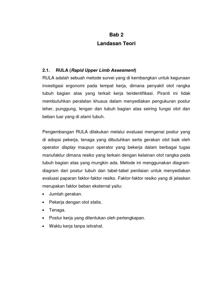 RULA (Rapid Upper Limb Assessment) - Bab 2 Landasan Teori - Modul 5 ...