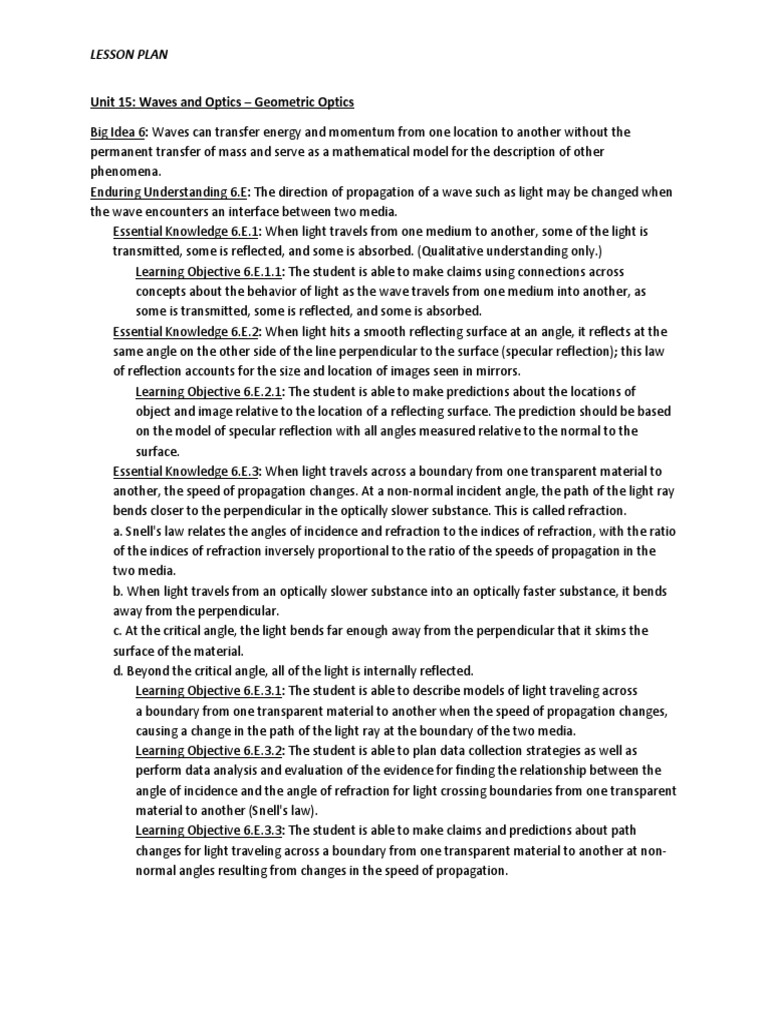 Unit 15 Geometric Optics Lesson Plan | PDF | Optics | Reflection (Physics)
