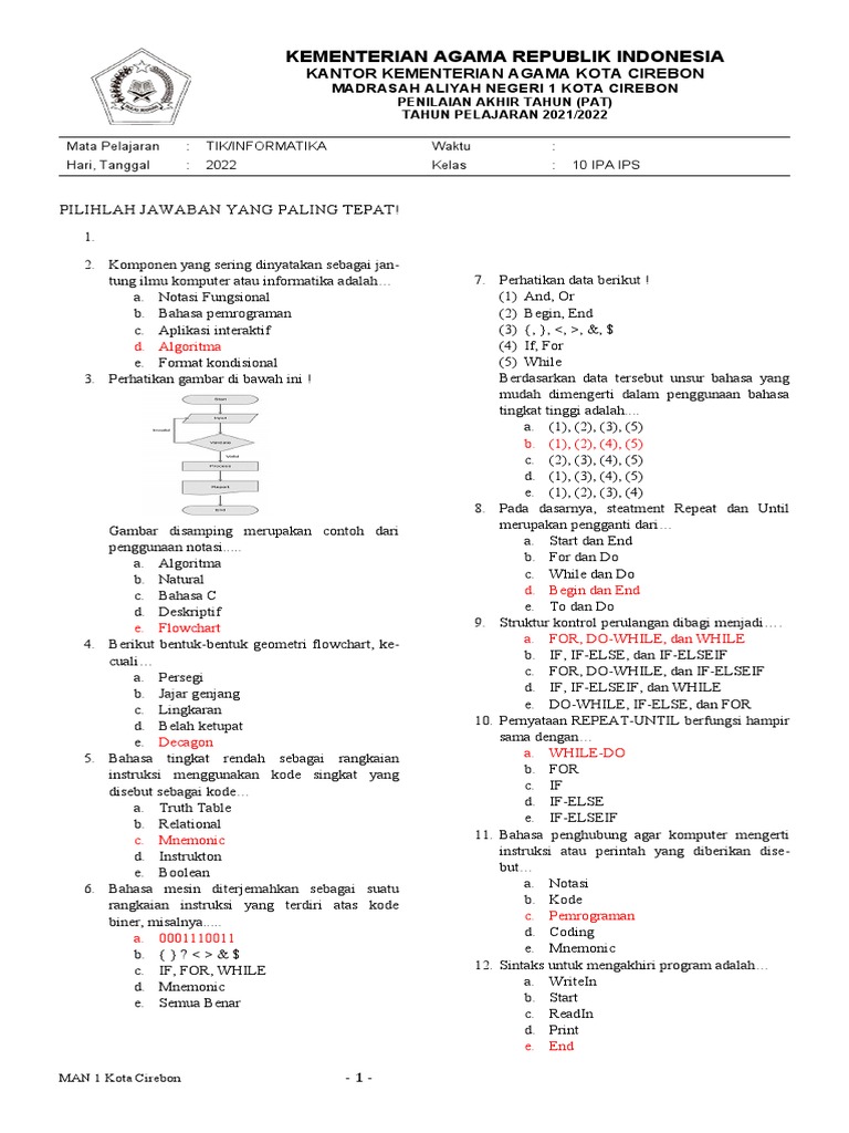 Soal Dan Kunci Jawaban PAT TIK Kelas 10 | PDF