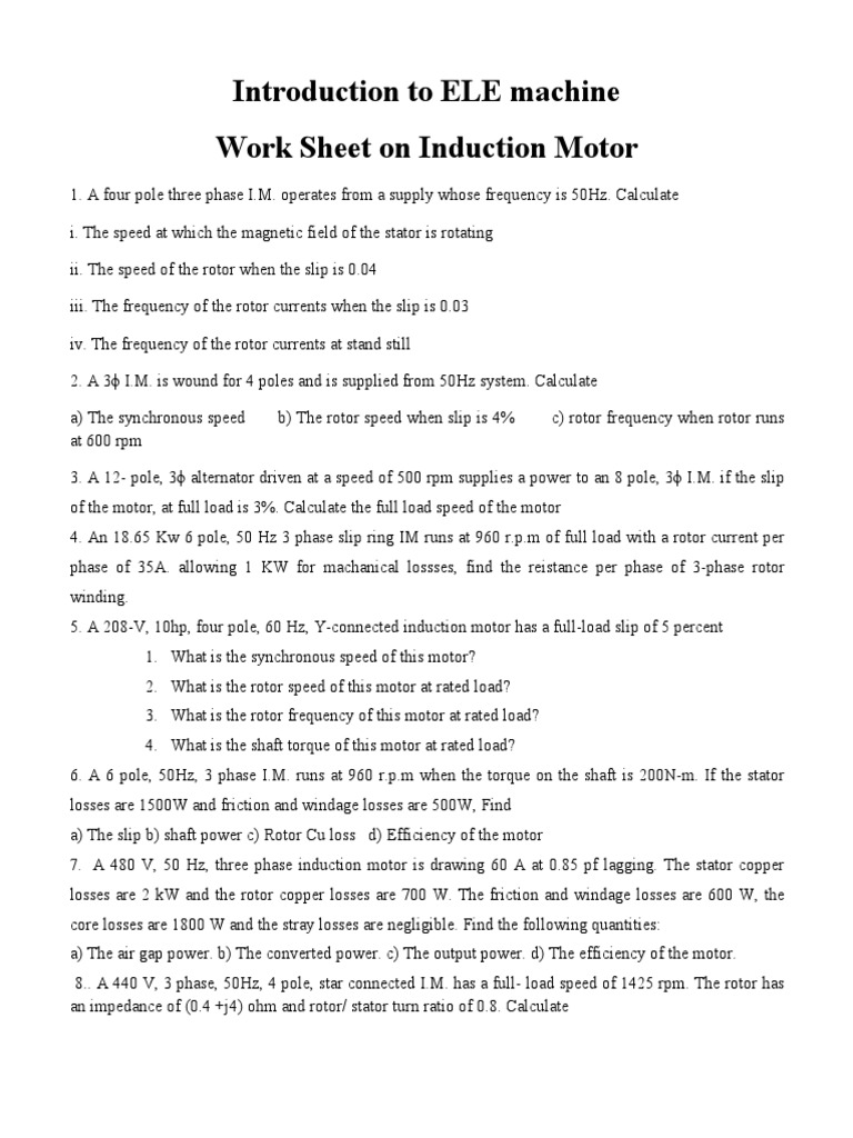 Introduction To ELE Machine Work Sheet On Induction Motor | PDF ...