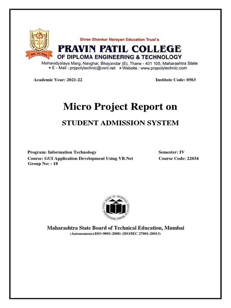 Micro Project Report On: Student Admission System | PDF | System | Databases
