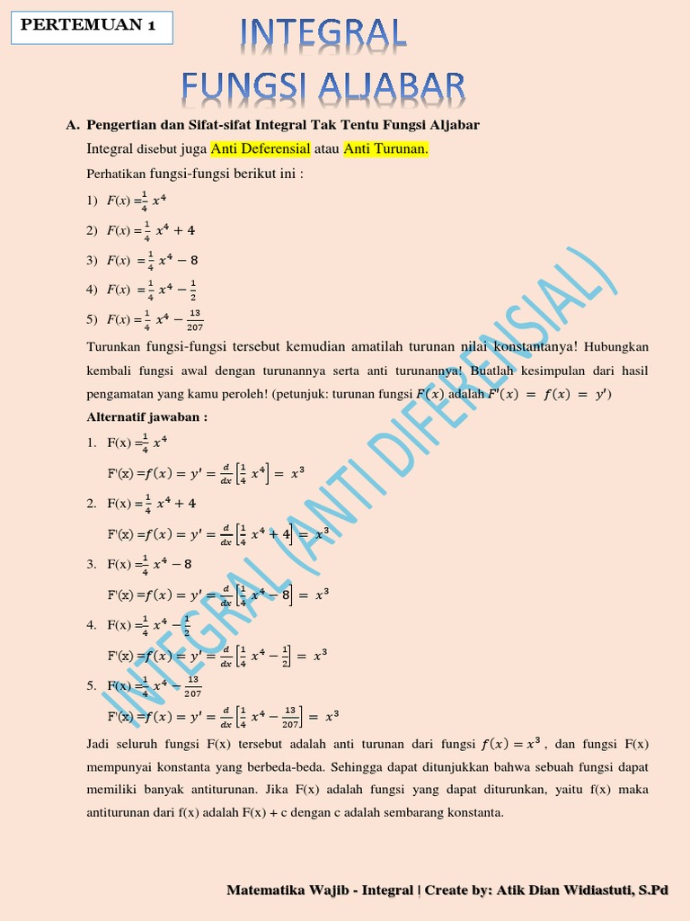 Pengertian Dan Sifat-Sifat Integral Tak Tentu Fungsi Aljabar. | PDF