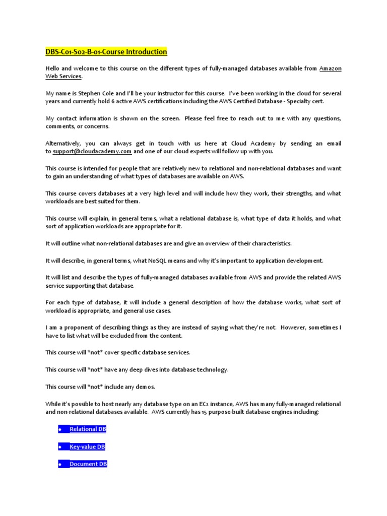 DBS-C01-S02-B-01-Course Introduction: Relational DB Key-Value DB Document DB | PDF | Databases ...