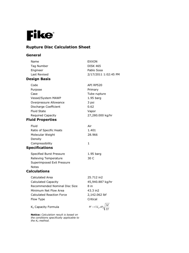 Rupture Disc Calculation Sheet | Energy Technology | Chemical Engineering