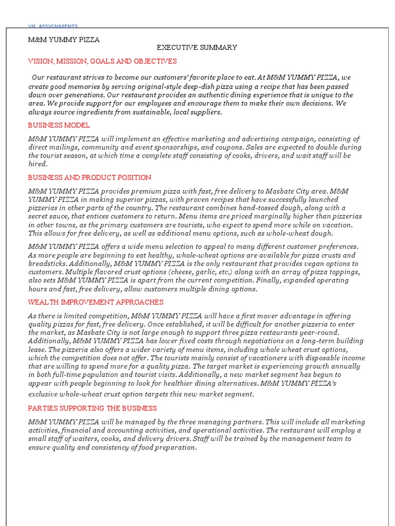 Vision, Mission, Goals and Objectives: M&M Yummy Pizza Executive ...